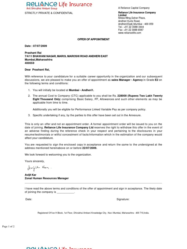 Reliance Life Insurance Offer Letter | PDF | Government | Business
