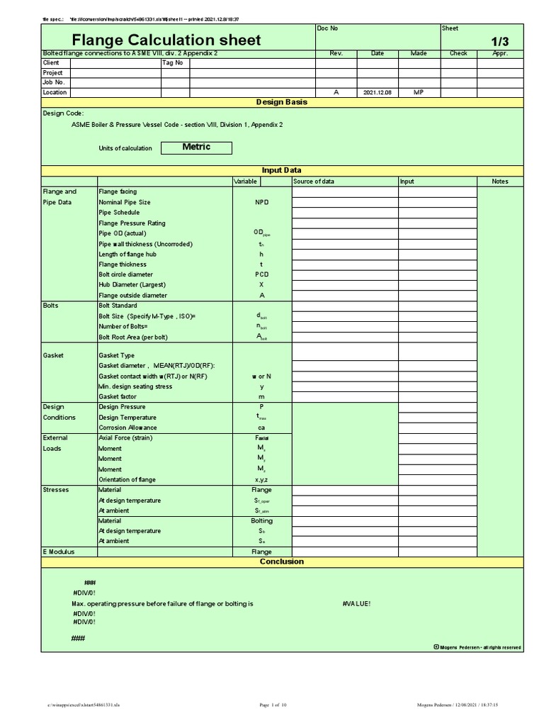 Flange Calculation Sheet: Metric | PDF | Pipe (Fluid Conveyance) | Screw