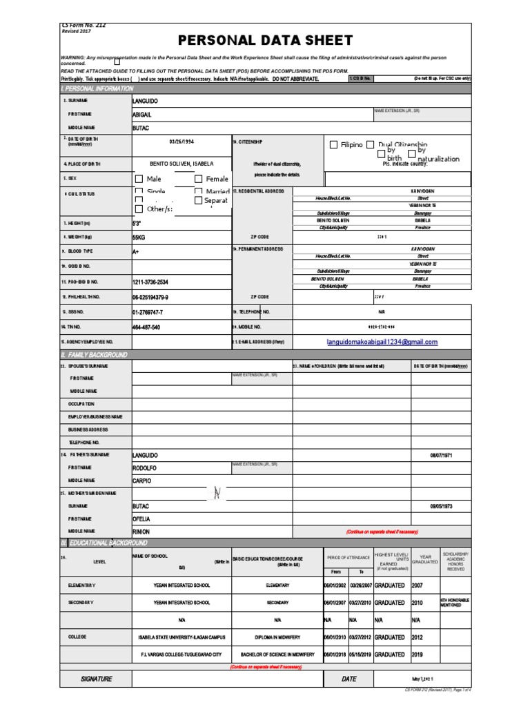 Personal Data Sheet: Filipino Dual Citizenship by Birth by ...