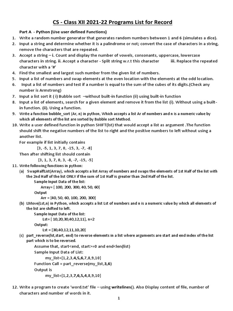 Cs Class Xii 2021 22 Programs List For Record Part A Python Use User Defined Functions 