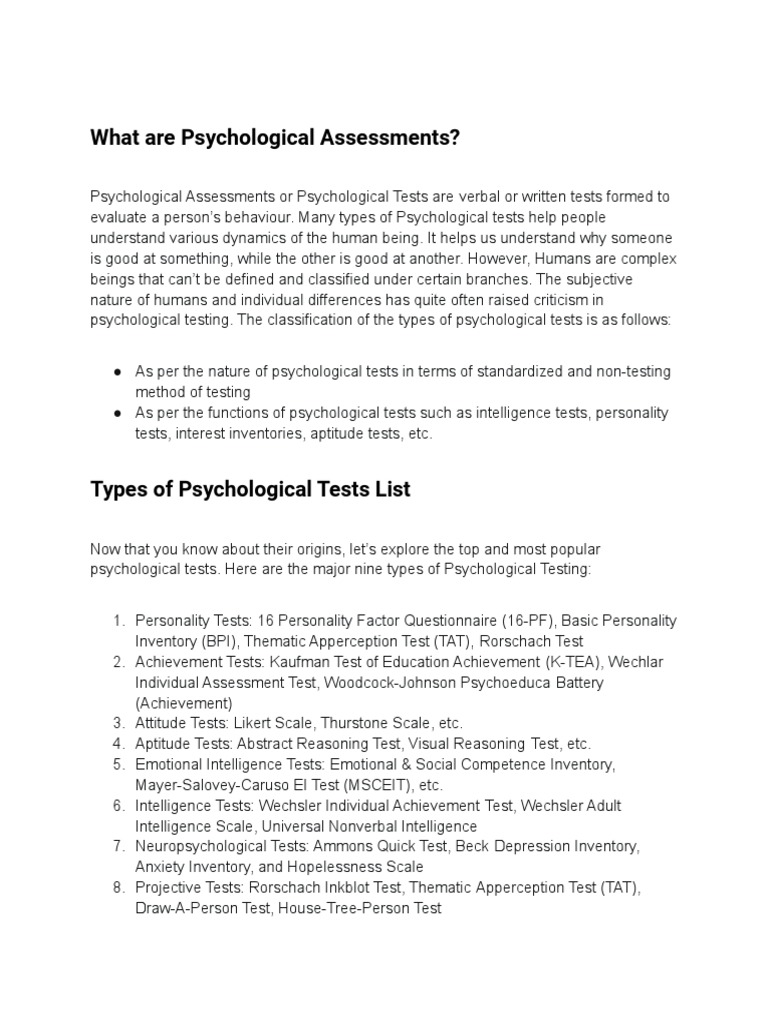 Types of Psychological Tests | PDF | Psychological Testing ...