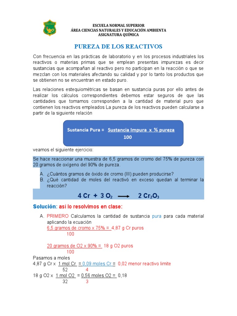2 - Pureza y Rendimiento de Reacción | PDF | Cromo | Reacciones químicas