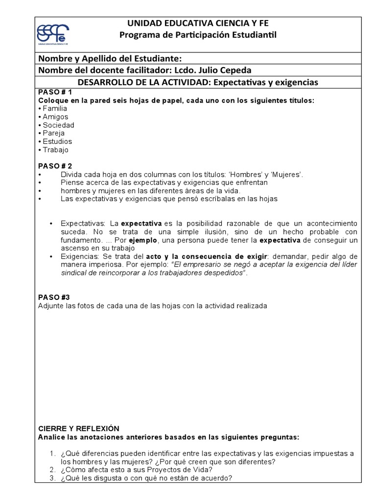 FORMATO ACTIVIDADES # 9 - Expectativas y Exigencias | PDF