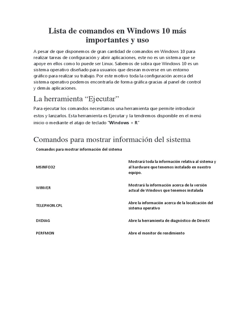Lista de Comandos en Windows 10 Más Importantes y Uso | PDF | Microsoft ...