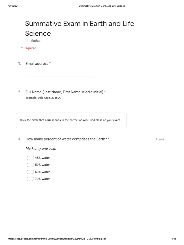 Summative Exam in Earth and Life Science - 11 - Esther - Google Forms ...