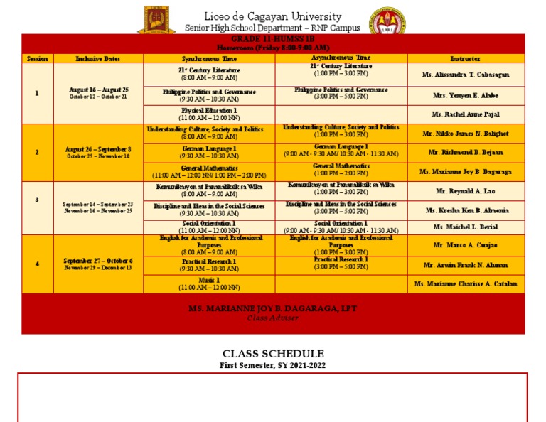 Ms Dagarara Sample G11 HUMSS 1B CLASS SCHEDULE | PDF | Science And ...