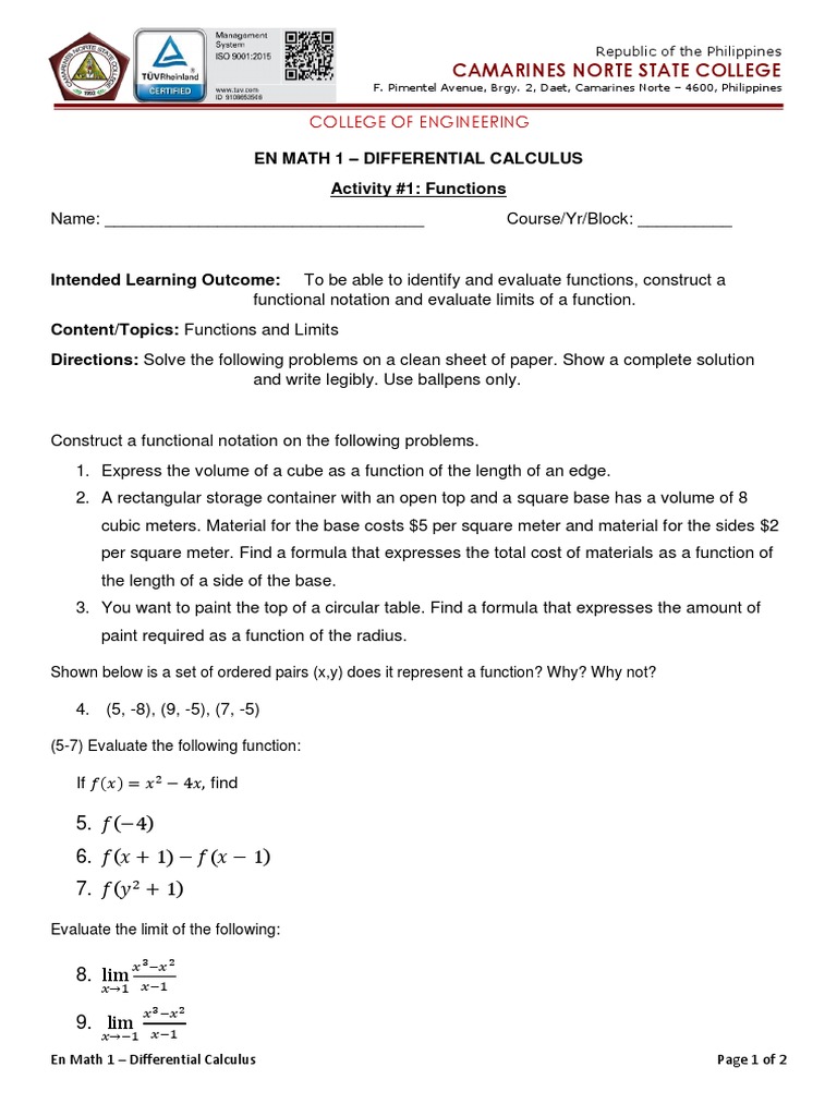 En Math 1 - Differential Calculus Activity #1: Functions: Camarines ...