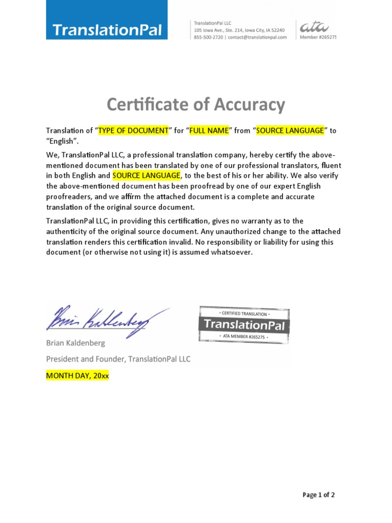 Certificate of Accuracy for Translation | PDF | Finance & Money Management