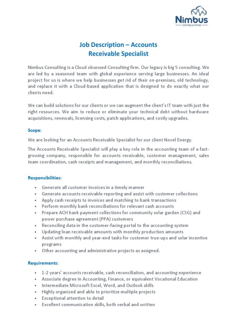 Job Description - Accounts Receivable Specialist | PDF | Cloud ...