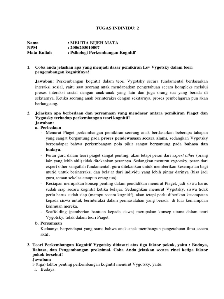 Tugas Individu 2 Psikologi Perkembangan Kognitif | PDF