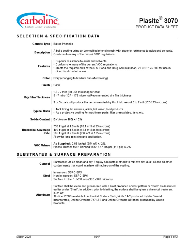 Plasite 3070: Selection & Specification Data | PDF | Shelf Life | Materials