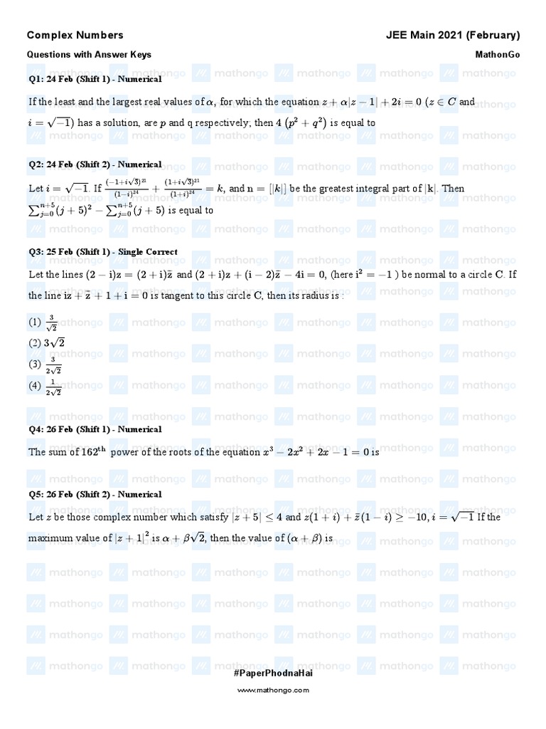 Mathongo Question Complex Numbers Jee Main 2021 February chapterwiseBMJCv5fydJGcOycnLFBV | PDF ...