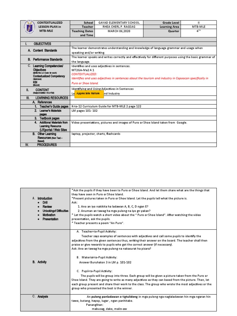 Contextualized Lesson Plan in Mtb-Mle School Grade Level Teacher ...
