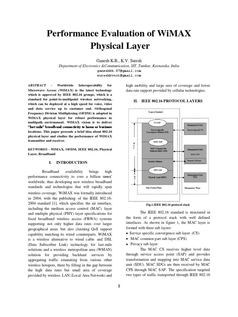 Performance Evaluation Of Wimax Physical Layer Department Of
