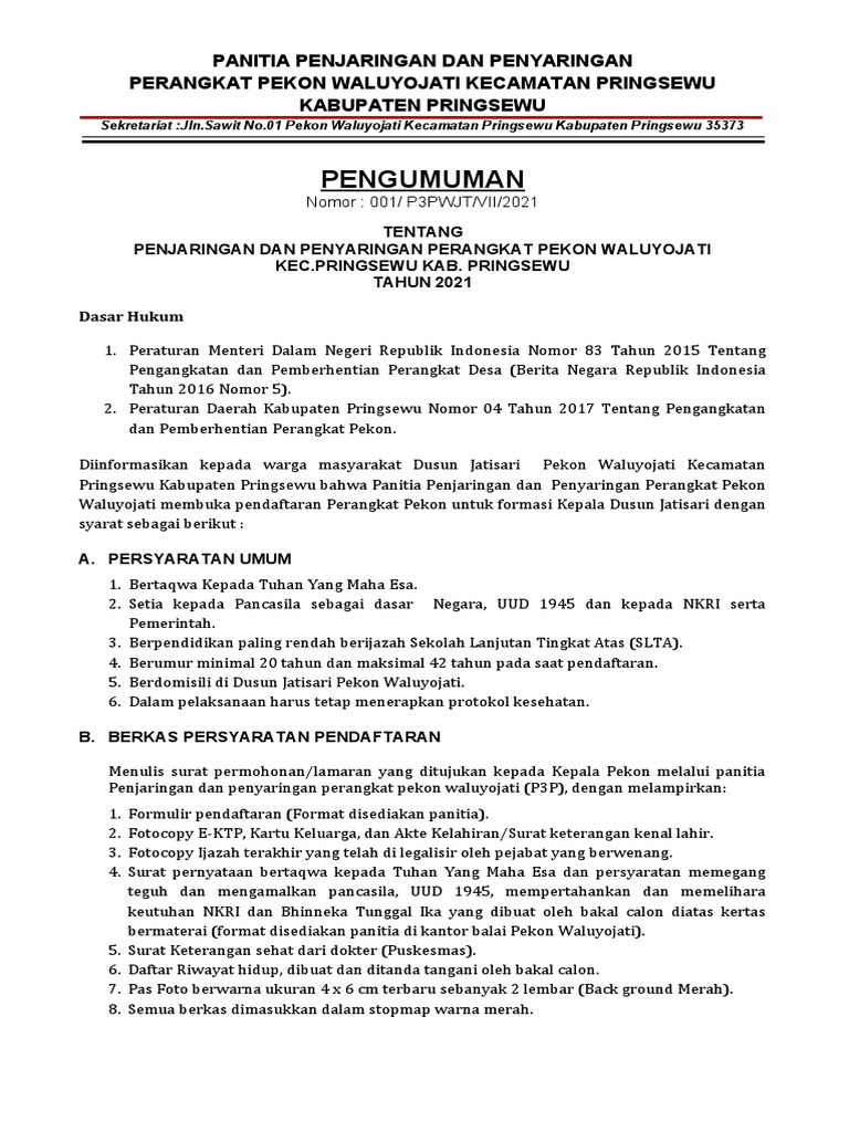 Panitia Penjaringan Dan Penyaringan Perangkat Pekon | PDF