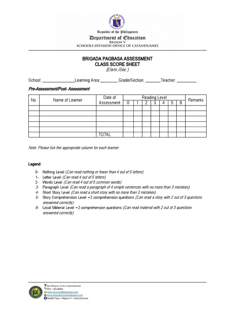 Brigada Pabasa Score Sheet | PDF | Learning | Cognition