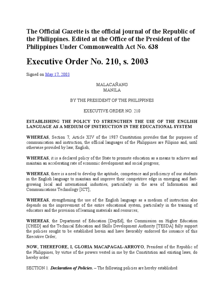 Executive Order 210 s.2003 | PDF | President Of The Philippines | World Politics