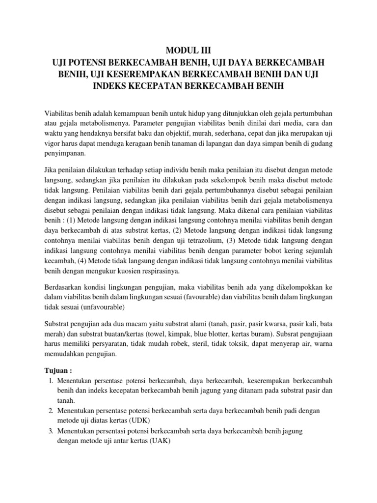 Modul III UJI POTENSI BERKECAMBAH BENIH DAN UJI DAYA BERKECAMBAH BENIH | PDF