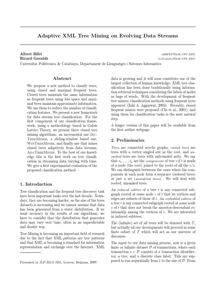 Adaptive Xml Tree Mining On Evolving Data Streams Presented At Ilp Mlg Srl Leuven Belgium