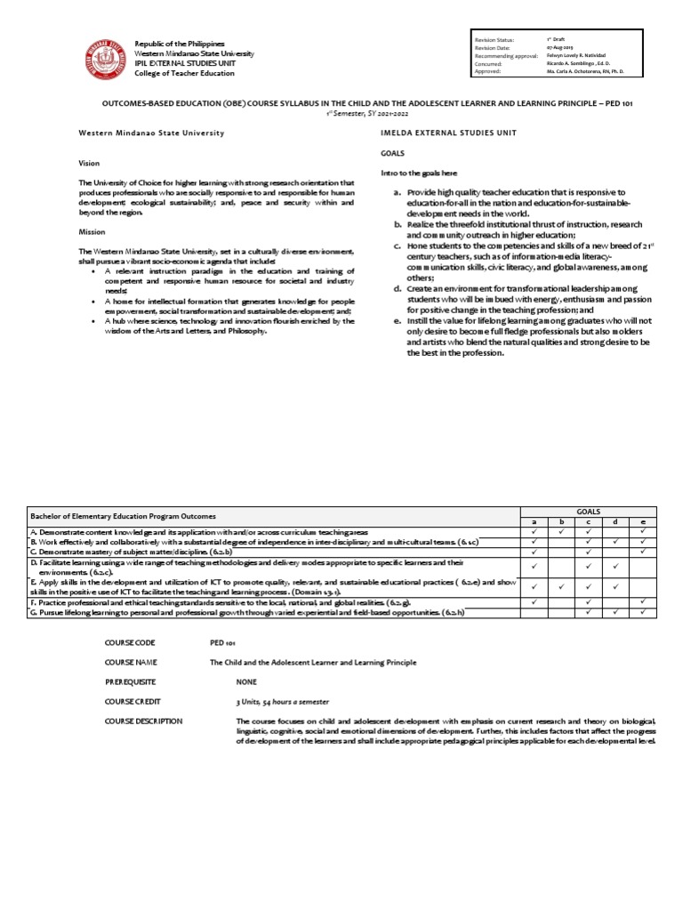 Outcomes-Based Education (Obe) Course Syllabus in The Child and The ...