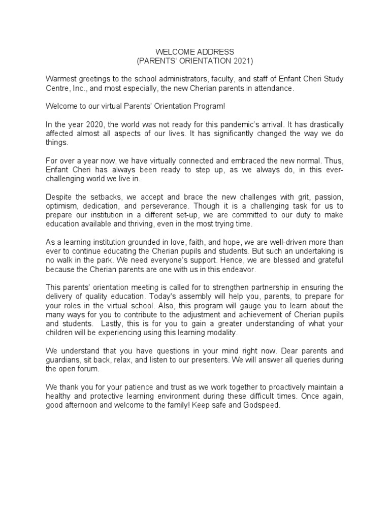 Welcome Address (Parents' Orientation) | PDF
