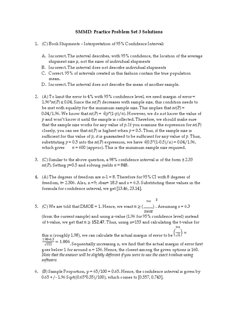 Confidence Interval Practice Solutions | PDF | Confidence Interval | Sample Size Determination