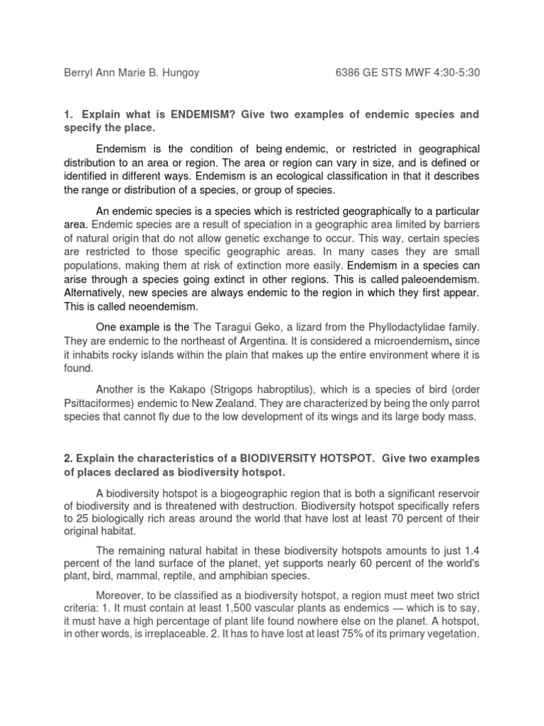 HUNGOY - Biodiversity Assignment | PDF | Conservation Biology ...