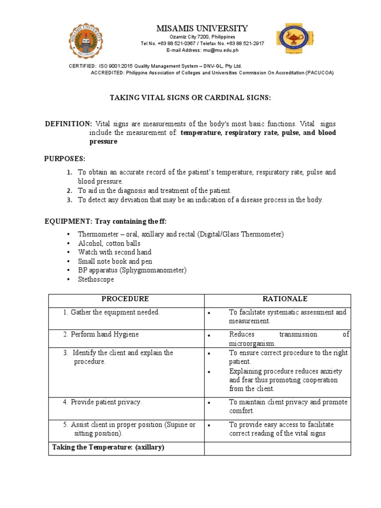 Vital Signs Taking Procedure | PDF | Medicine | Clinical Medicine