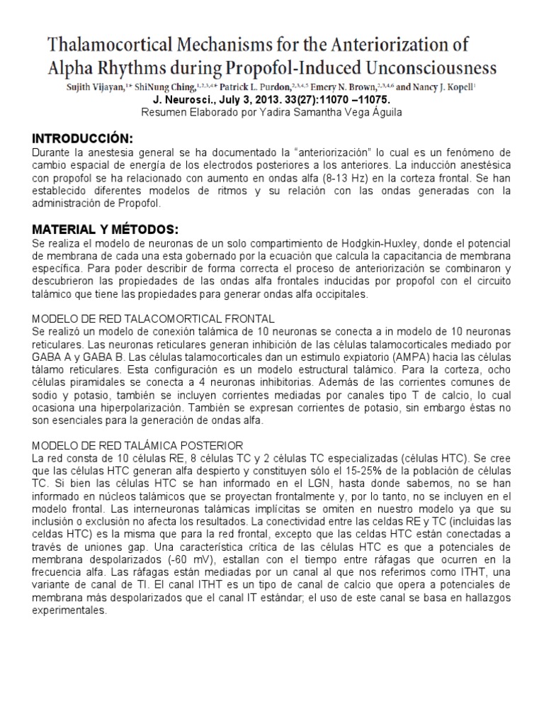Thalamocortical Mechanisms For The Anteriorization of Alpha Rhythms During Propofol-Induced ...