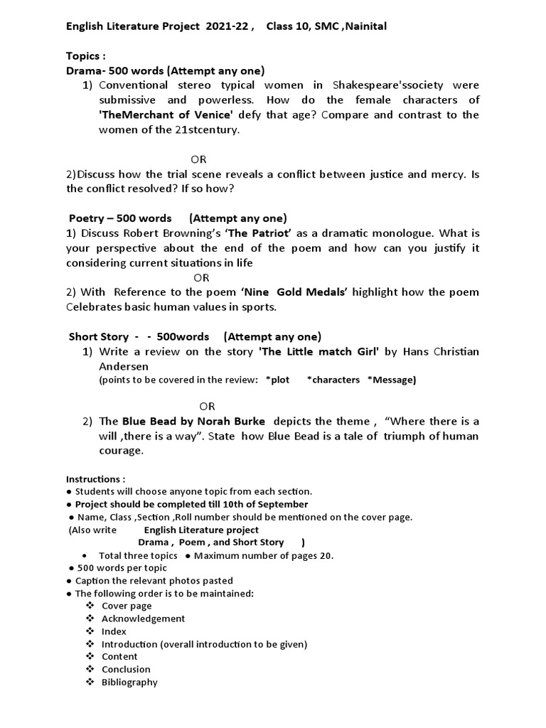 English Literature Project 2021-22, Class 10, SMC, Nainital Topics ...
