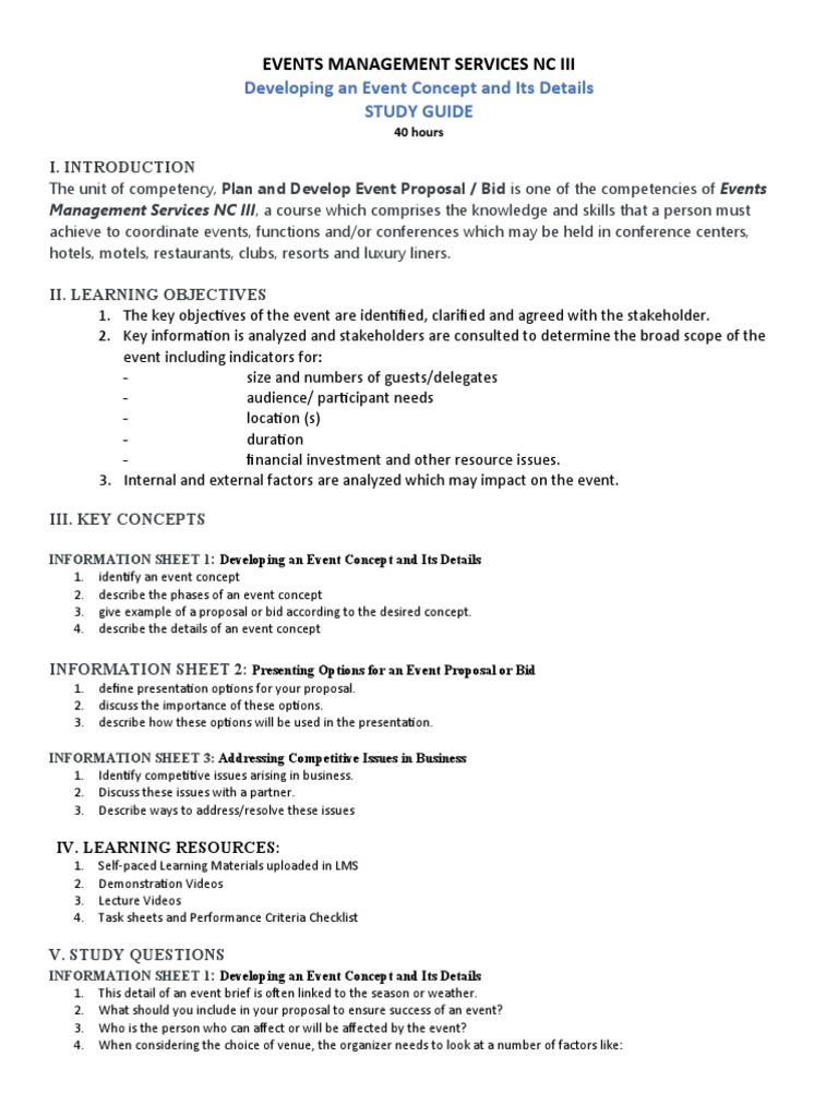 Developing An Event Concept and Its Details Study Guide: Events ...