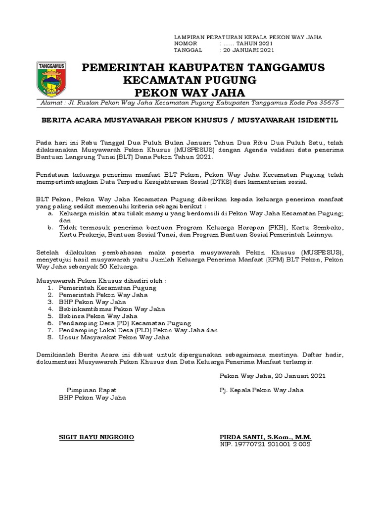 Contoh BA Musdesus PERUBAHAN KPM BLT 2021 | PDF