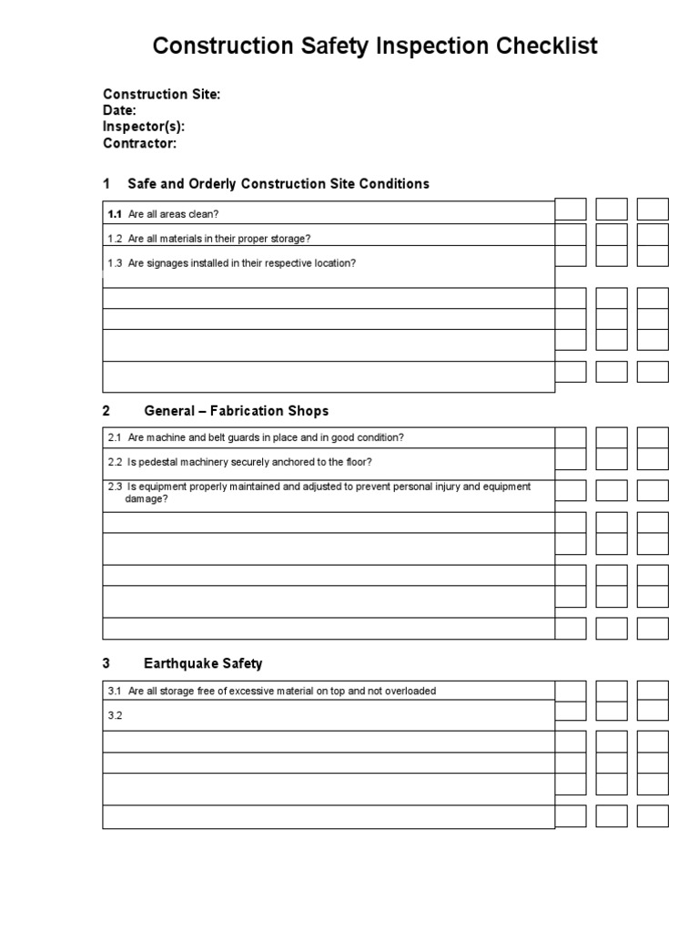 Construction Site Safety Inspection Checklist Form | PDF | Dangerous ...