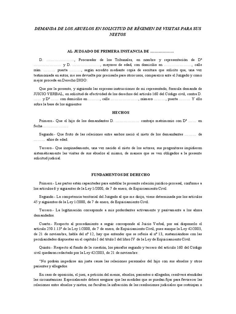 Demanda de Régimen de Visitas Abuelos | PDF | Demanda judicial | Ley ...