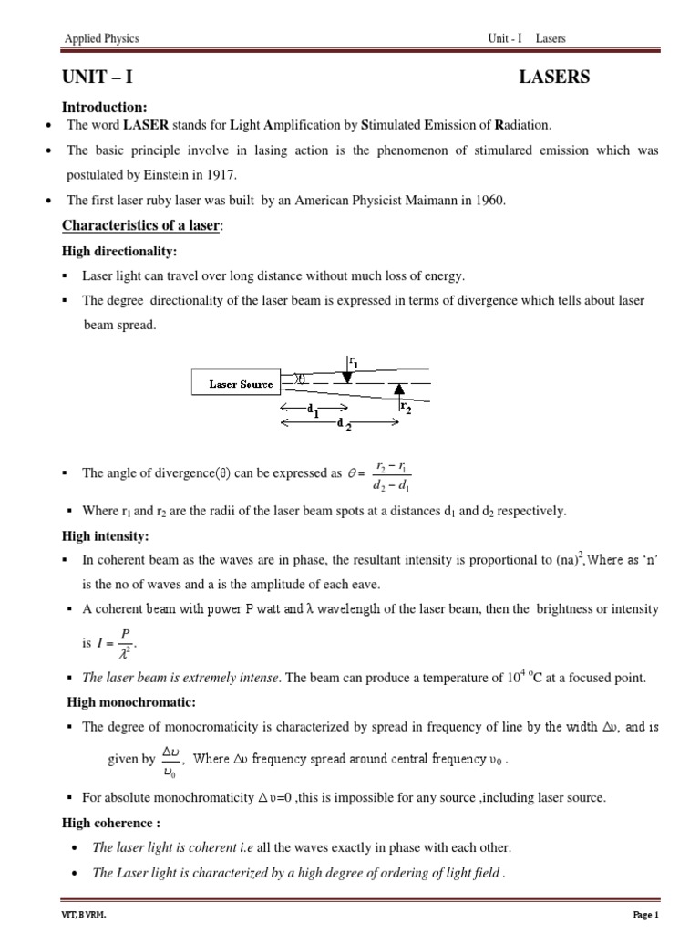 Unit - I Lasers: High Directionality | PDF | Laser | Laser Diode