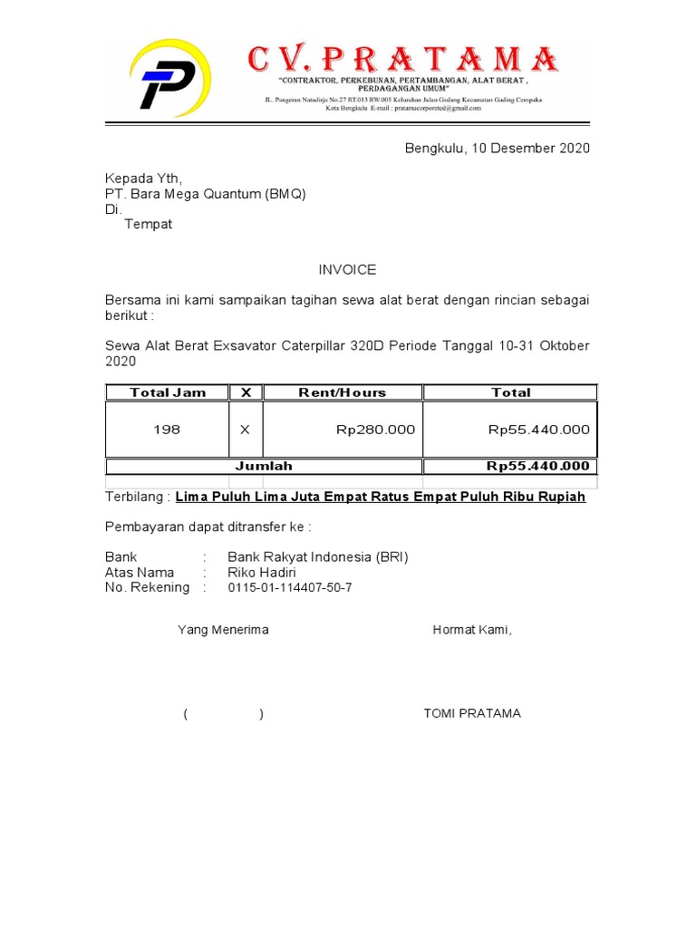Invoice Sewa Alat Berat Excavator | PDF