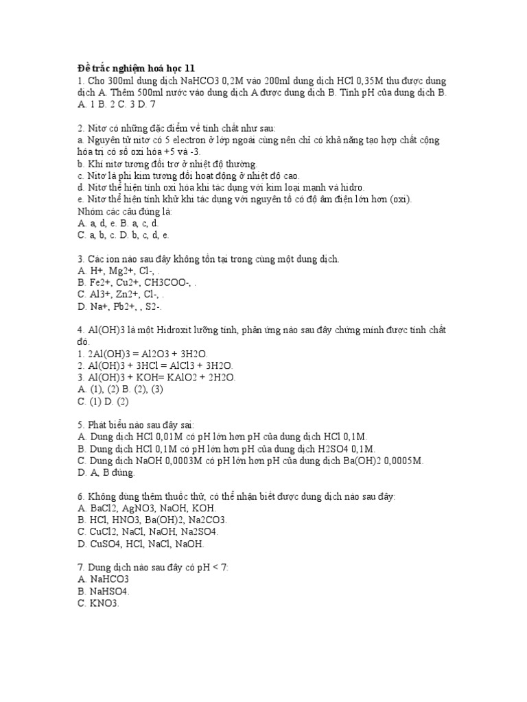 Tính pH của dung dịch Ba(OH)2 0,01M - Bài tập trắc nghiệm hóa học