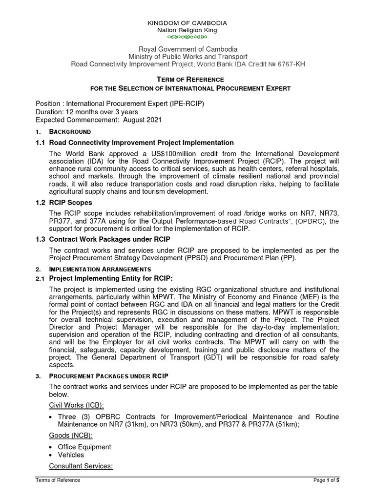 IPE - ToR-incorporated With WB Comment | PDF | Procurement | Request For Proposal