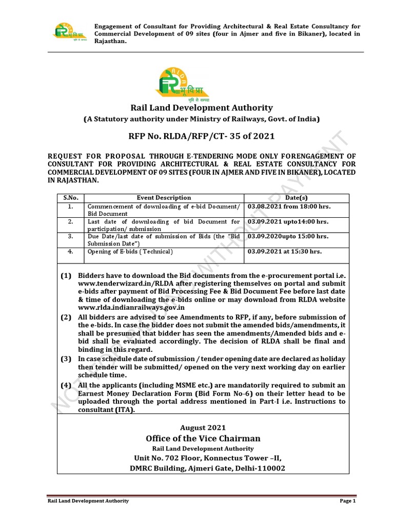 Rail Land Development Authority RFP No. RLDA/RFP/CT-35 of 2021 | PDF ...