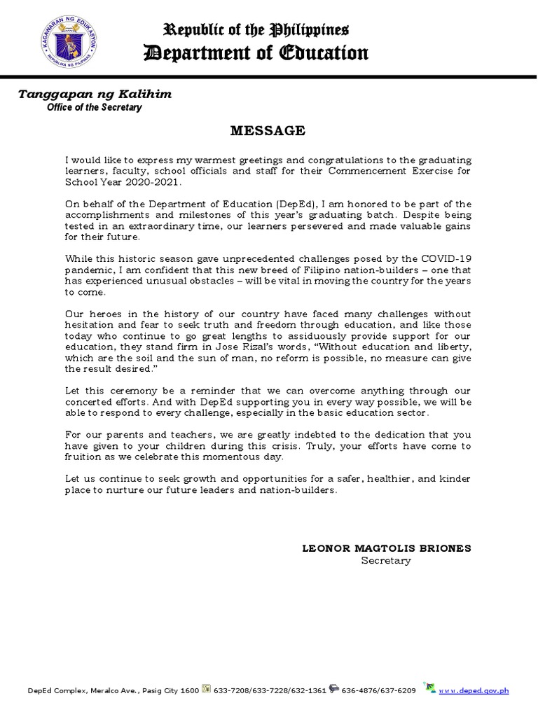 DepEd Secretary Message Grad Message SY 2020 2021 | PDF
