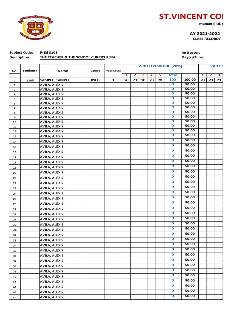 Gen - Educ Class Record Template | PDF | Teaching