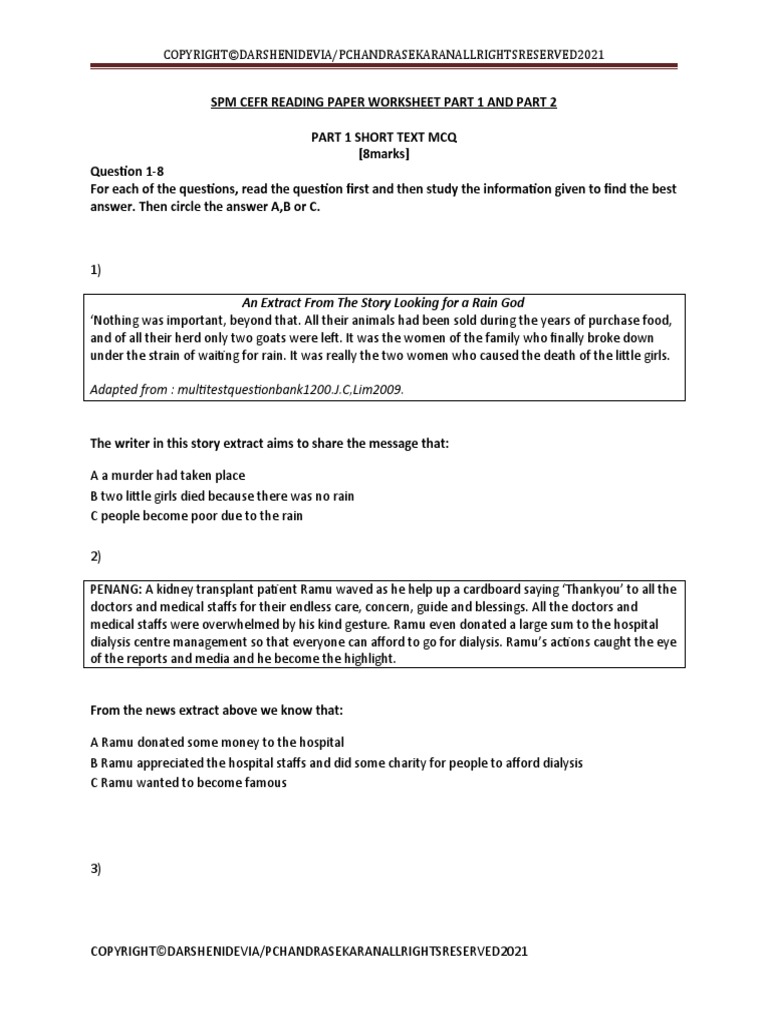 SPM Cefr Reading Paper Worksheet Part 1 and Part 2 | PDF | Insomnia