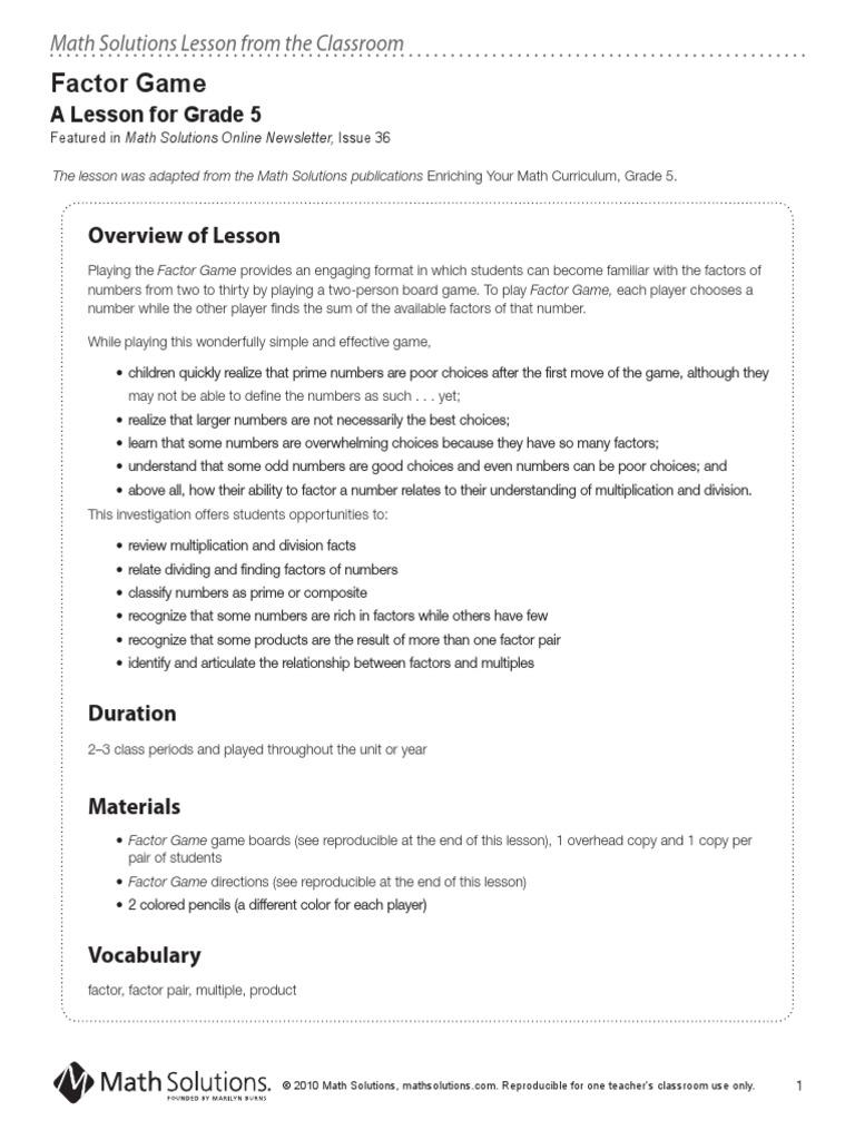Factor Game: Overview of Lesson | PDF | Classroom | Mathematics