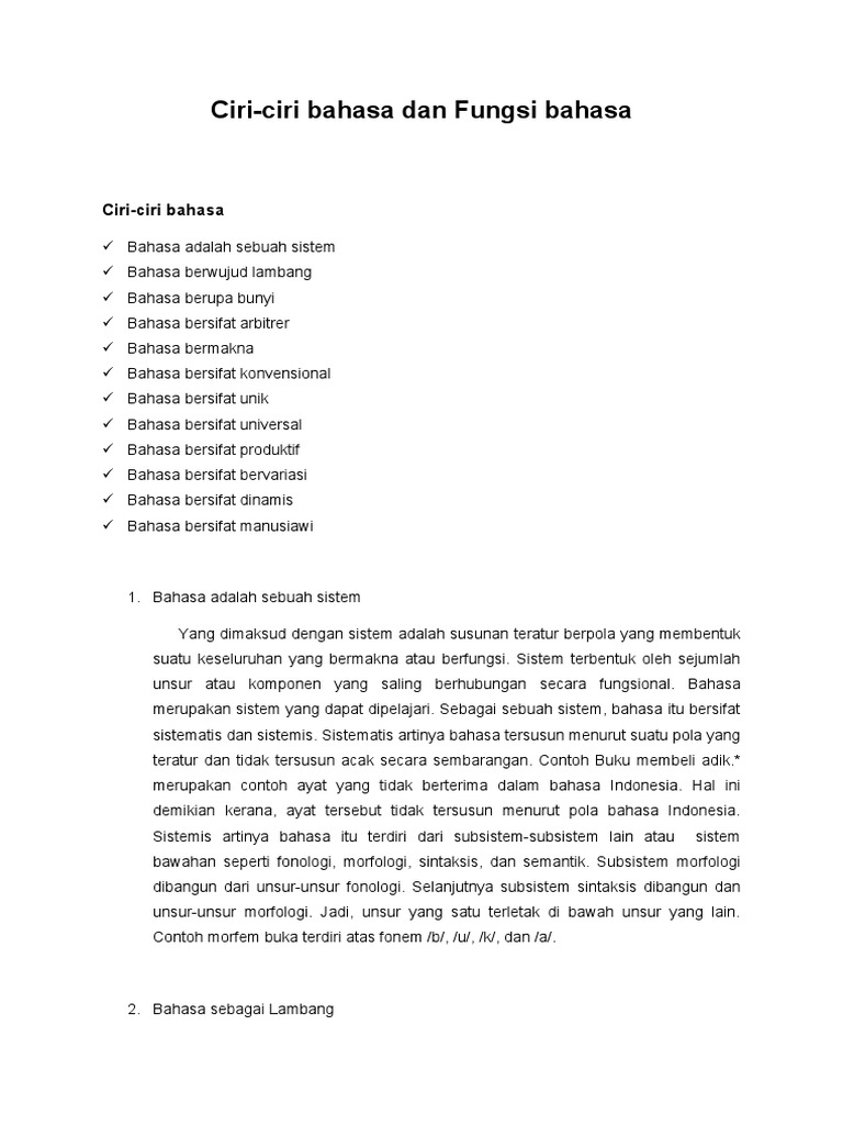 Ciri-Ciri Bahasa & Fungsi Bahasa (28.08.2020) | PDF