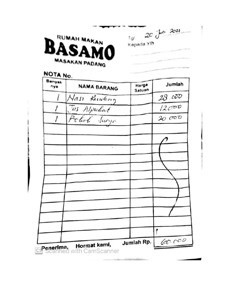 Nota Rumah Makan Nasi Padang BASAMO | PDF