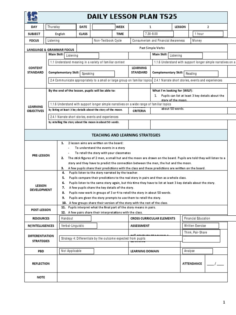 Daily Lesson Plan Ts25: Teaching and Learning Strategies | PDF | Lesson Plan | Narrative