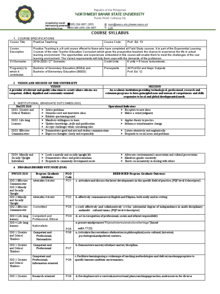 OBE Syllabus - Prof - Ed 13 Practice Teaching | PDF | Learning ... OBE Syllabus - Prof - Ed 13 Practice Teaching | PDF | Learning ...