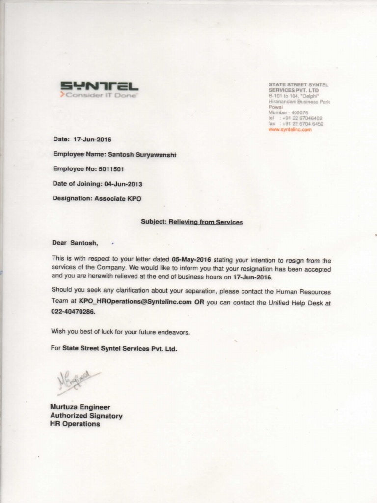 Syntel Releiving Letter - Santosh Suryawanshi | PDF