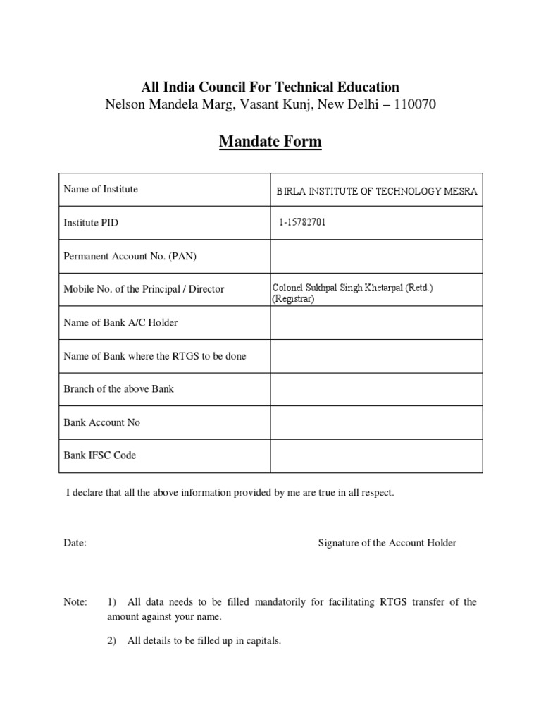 RTGS Mandate Form for BIT Mesra | PDF