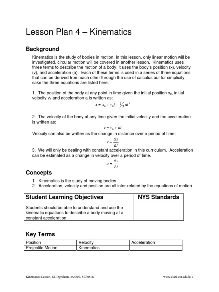 Lesson Plan 4 - Kinematics: Background | PDF | Acceleration | Kinematics